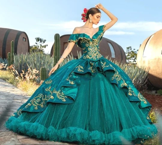 Teal And Gold Quinceanera Dresses