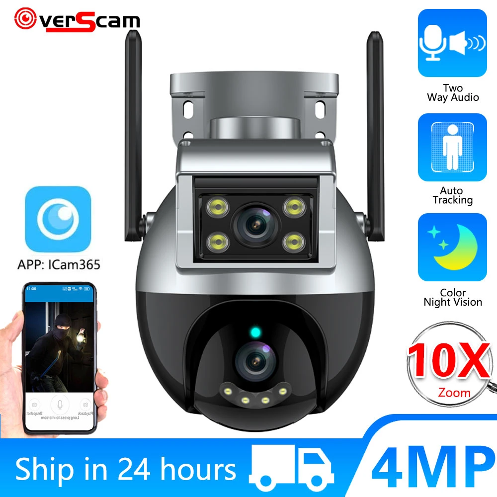 Cámara de seguridad CCTV para exteriores, videocámara PTZ HD de 4MP con doble lente, Wifi ...