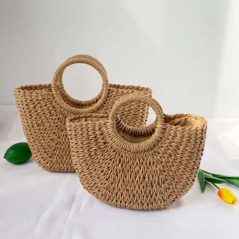 Straw-Plaited-Tote-Bag-for-Women-Semi-circle-Woven-Round-Bucket-Bag ...