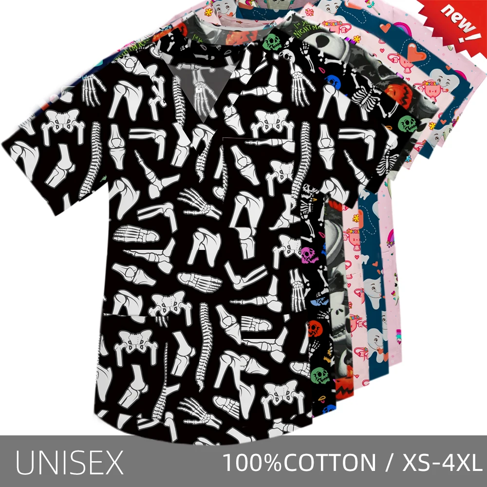 New Scrub Tops bones Printed Medical Short Sleeve V-neck Nurse Doctor ...