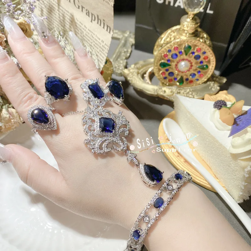 925 Sterling Silver Luxury Jewelry Set for Women Girlfriend Blue Zircon ...