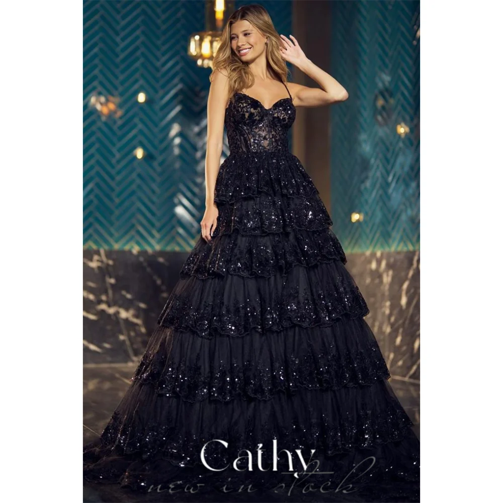 Cathy-Black-A-line-Pleaded-Prom-Dress-Spaghetti-Strap-Shiny-Sequins ...