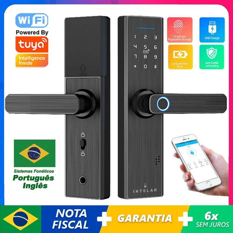 Fechadura de porta inteligente eletrônica tuya wifi com impressão digital biométrica/cartão ...