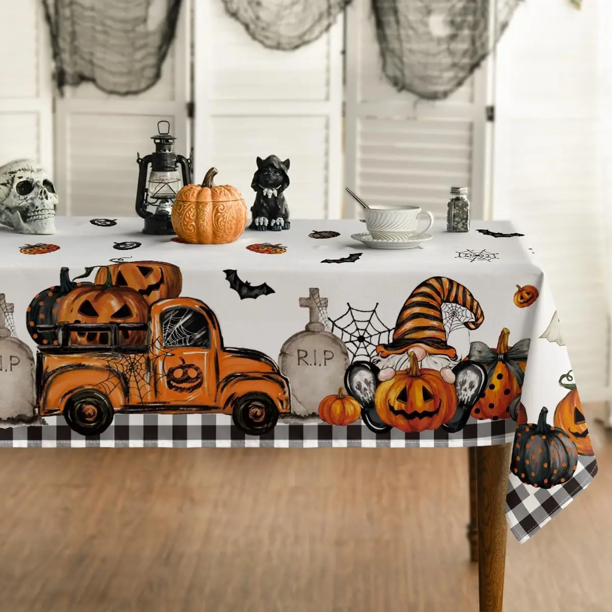 Halloween-Decor-Table-Cover-Spooky-Gnome-Pumpkin-Truck-Washable ...