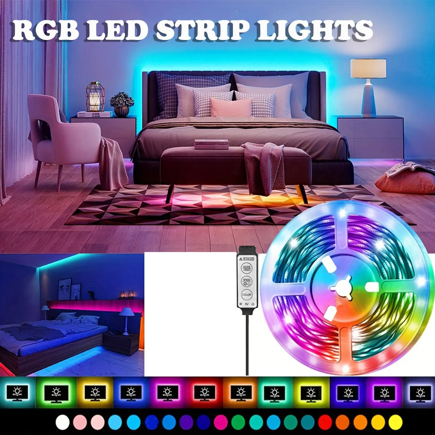 Fita de LED RGB 12 LEDs/M, Fita Flexível com Controle de 3 Teclas ...