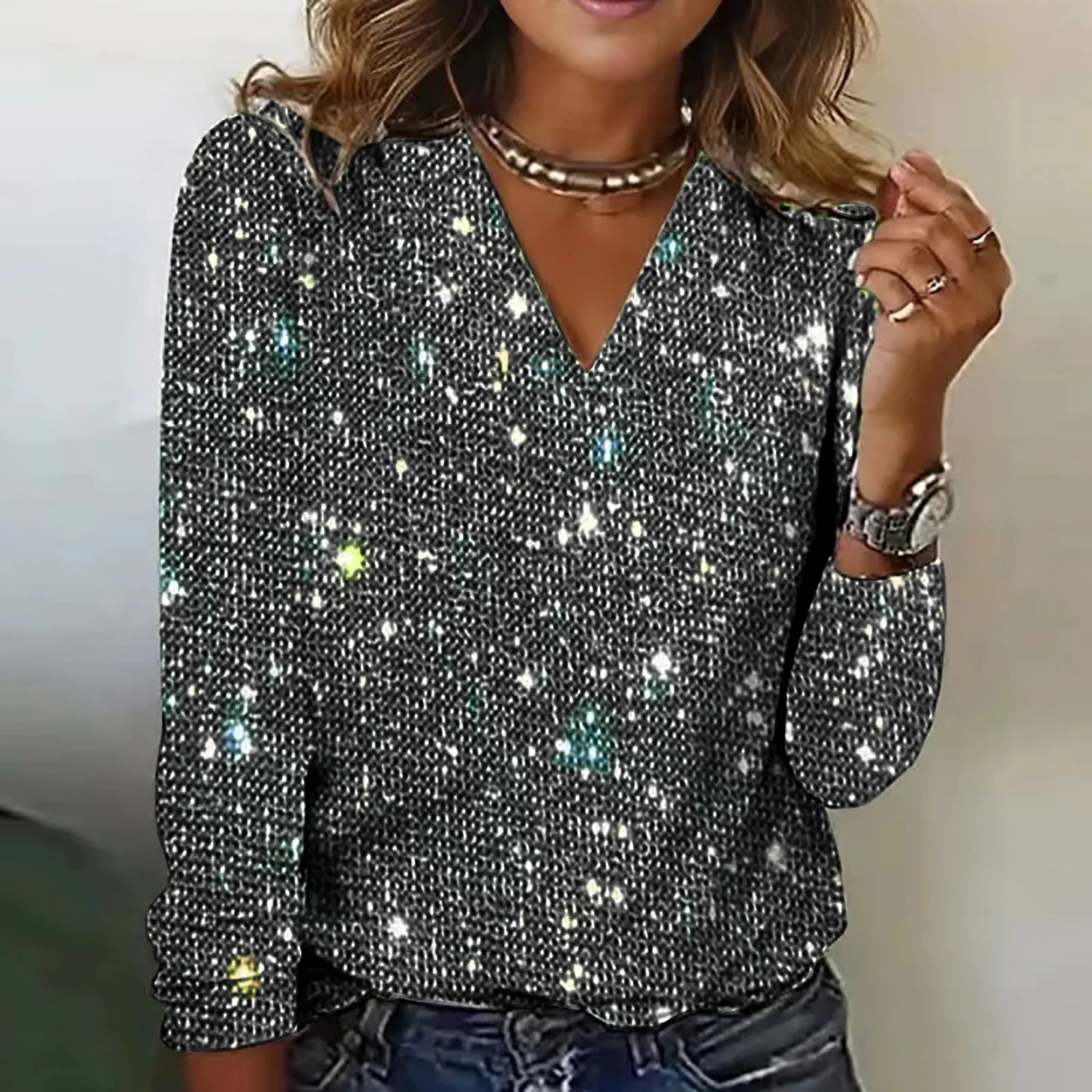 Women-s-Spring-And-Autumn-New-Casual-Solid-Color-Sequin-Long-Sleeved-T ...