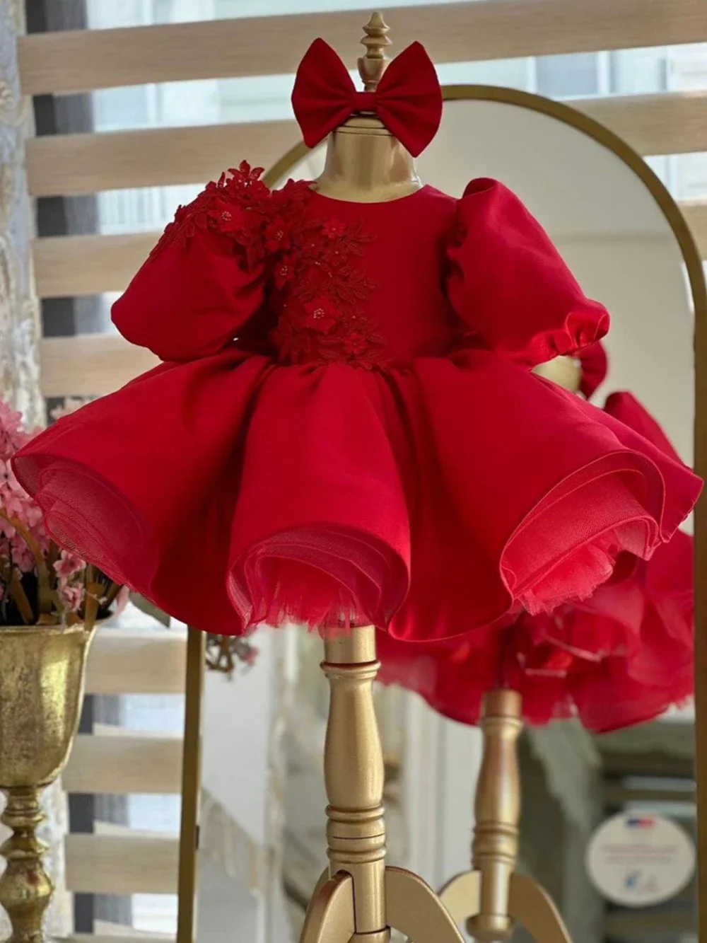 Flower Girl Dress Customized Red A-Line Puff Ruffles Mini Dress For ...