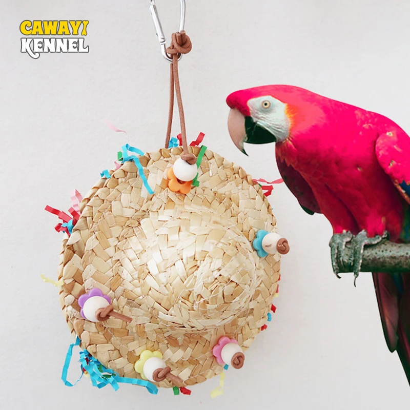 Handmade Straw Weaving Cap Shape Parrots Chew Toy Birdcage Hanging ...