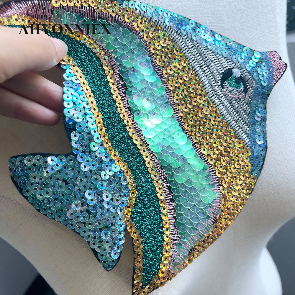1-Piece-Cute-Green-Fish-Embroidered-Sequins-Clothing-Patches-For ...