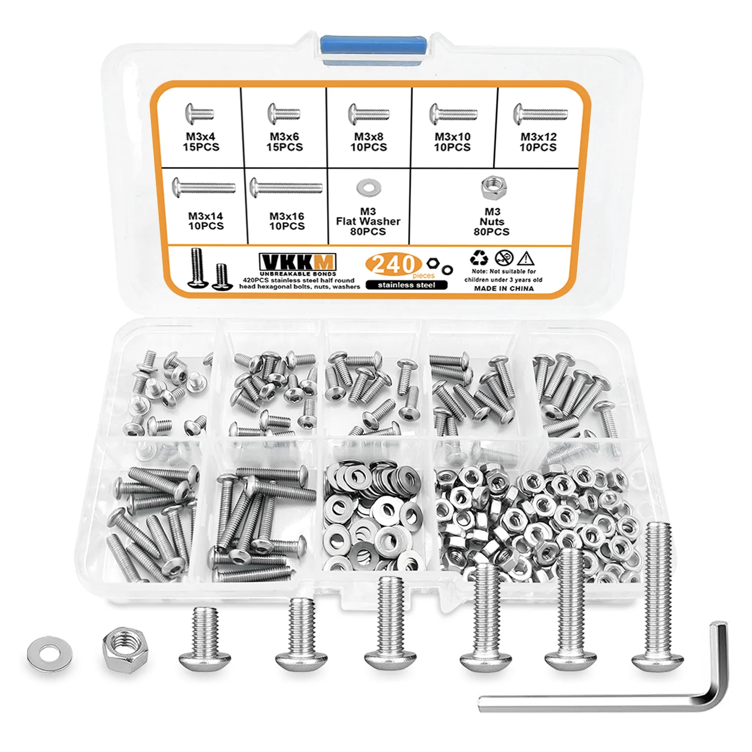 240Pcs-M3-Hex-Head-Screws-M3x4-6-8-10-12-14-16mm-Button-Head-Stainless ...