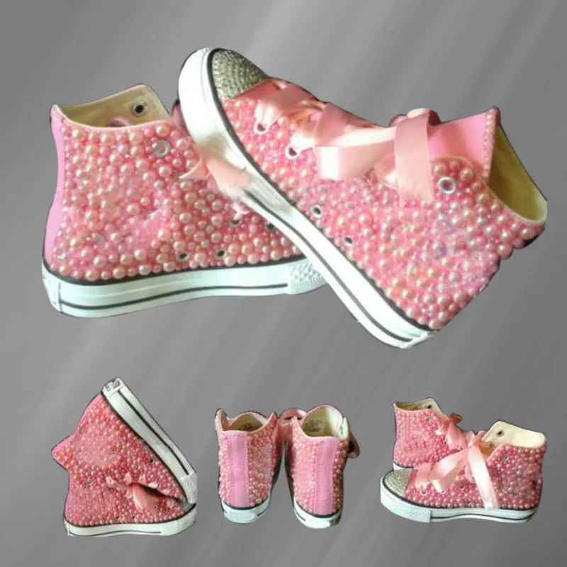 Hand-made pink high-top pearl rhinestones party plimsolls Heavy ...