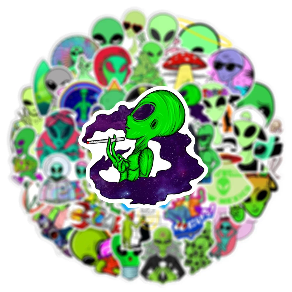 10-50PCS-Cartoon-UFO-Astronaut-Green-Alien-Outer-Space-Stickers-DIY ...