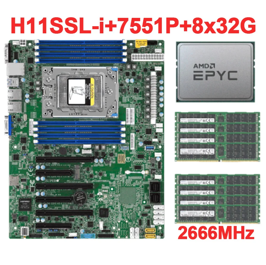 Supermicro H11SSL i Mainboard + AMD EPYC 7551P CPU + 8x 32GB 256GB RAM ...