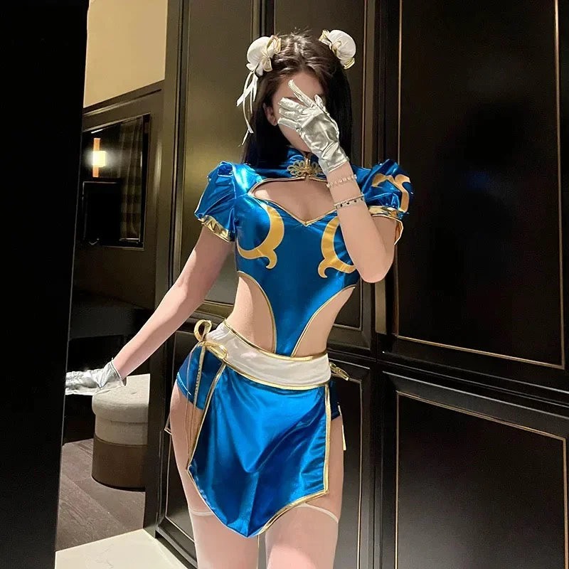 Games Chun Li Cosplay Costumes Blue Split Cheongsam Dresses Women Sexy Bodysuit Headwear Suit ...