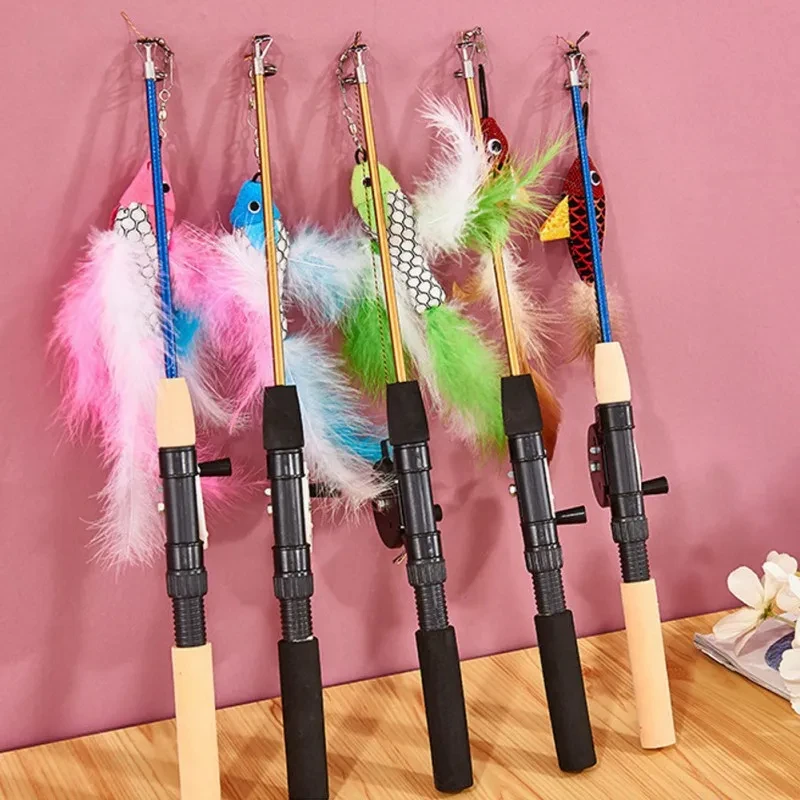 Stick-Feather-Wand-Toys-Cat-Interactive-Toy-Fish-shaped-Telescopic ...