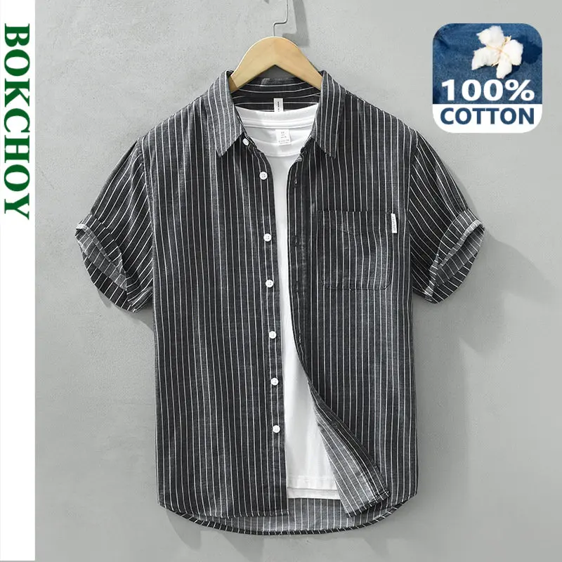 Summer New Striped Casual Short Sleeve Shirts for Men Slim 100% Cotton ...