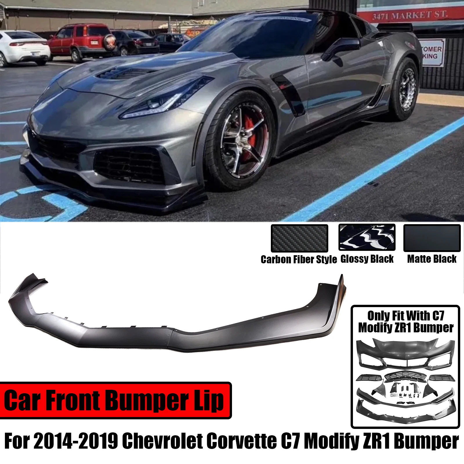 3PCS-Car-Front-Bumper-Lip-For-2014-2019-Chevrolet-Corvette-C7-Modify ...