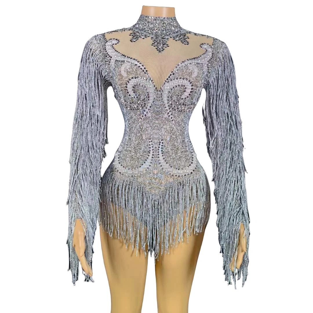 Rhinestone-Tassel-Women-Sparkly-Bodysuits-Stage-Wear-Singer-Dancer ...
