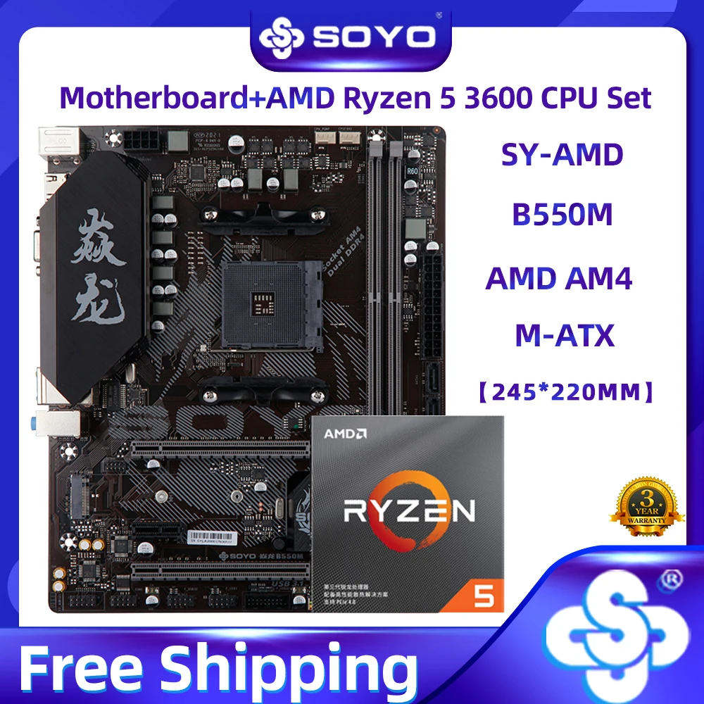 Soyo-Monarch Dragon CPU Motherboard Set, B550M, Ryzen 5 3600, 3,6 GHz ...