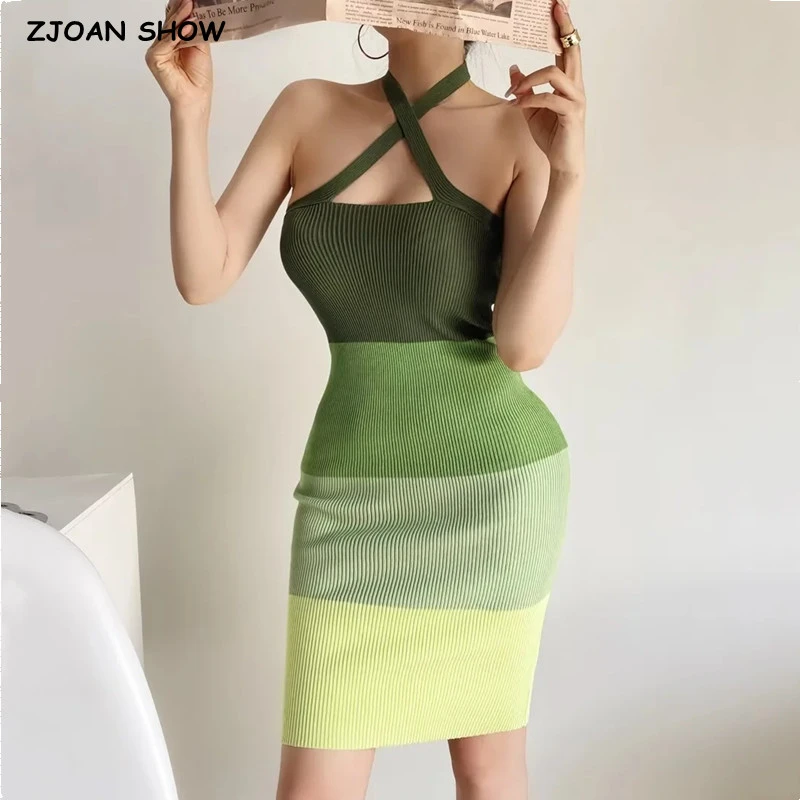 Sexy Front Cross Halter Collar Contrast Color Striped Knitted Dress ...