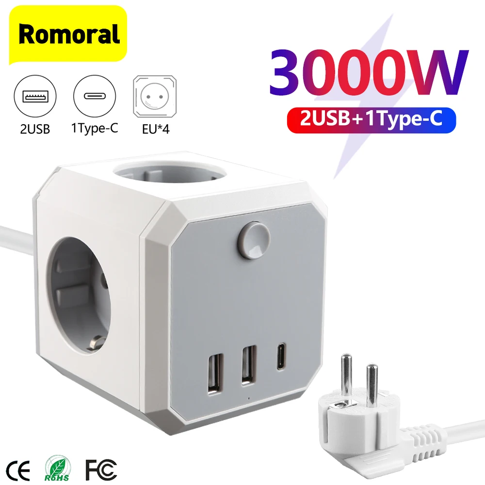 4000w Power Strip Eu 16a 100-250v Usb Type-c Plug Scoket Multipriser ...