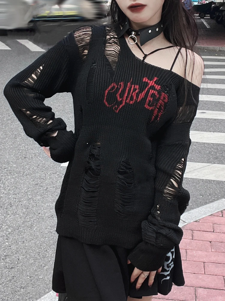 90s Punk Rock Broken Sweater Y2k Aesthetic Gothic Letter Printed Black ...