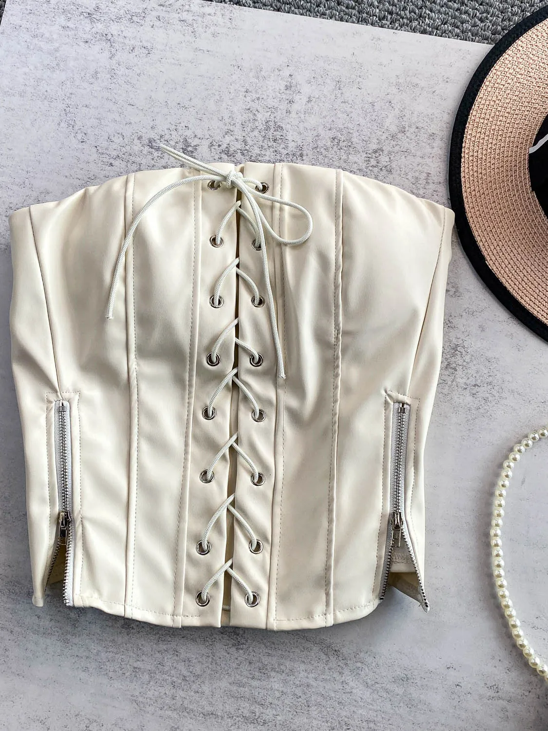 Premium Light Beige with Chest Pad Tube Top Leather Jacket Female ...
