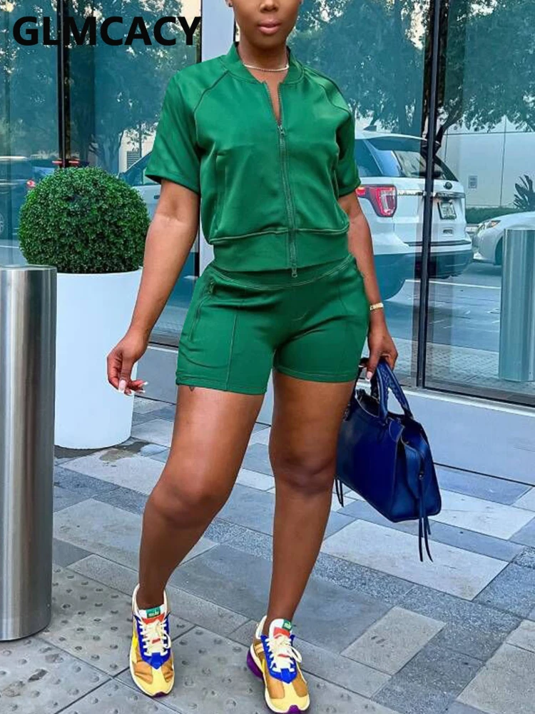 Women-Two-Piece-Casual-Tracksuits-Short-Sleeve-Zip-Up-Jacket-Slim ...