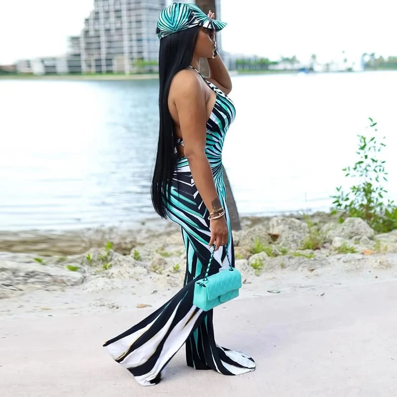 Print Jumpsuits Women Halter Lace Up Sleeveless Backless Wide Legs ...