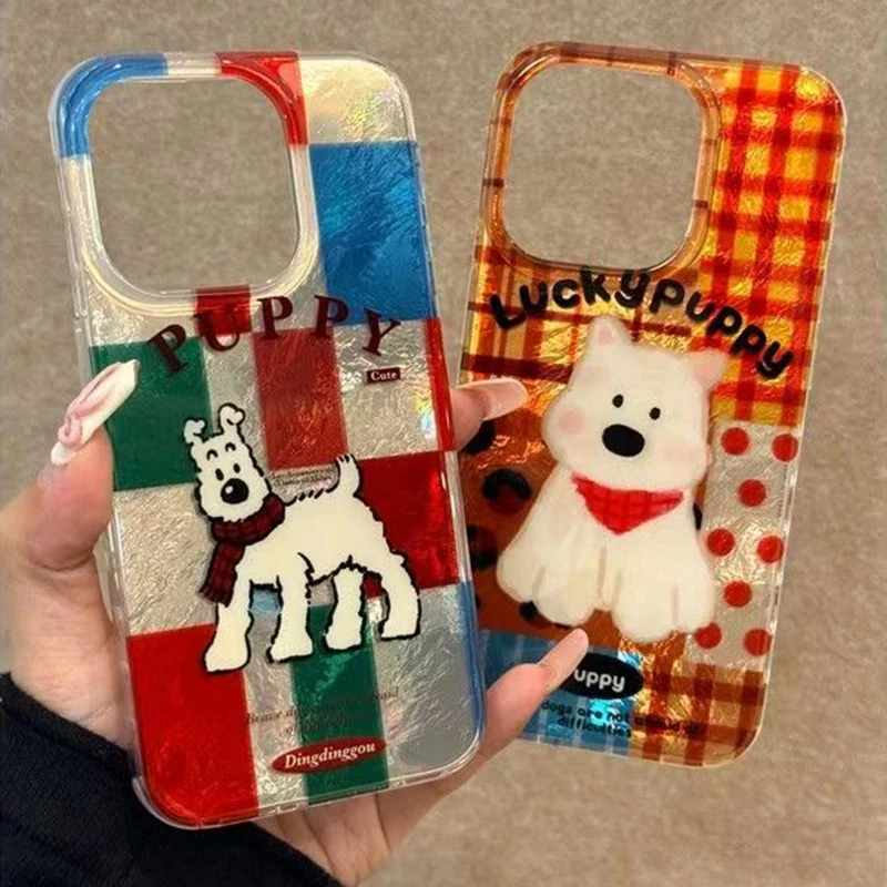 Splicing Grid Dog Print Graphic Phone Case For iPhone 16 Pro Max 14 13 ...