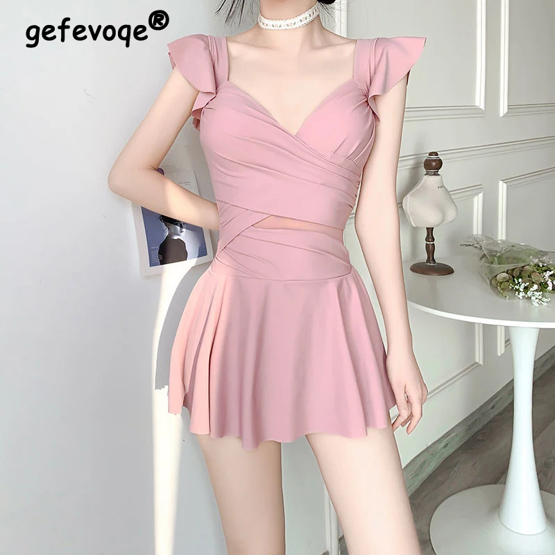 Traje de baño de una pieza para mujer, bañador Sexy de estilo coreano, de Color sólido, con ...