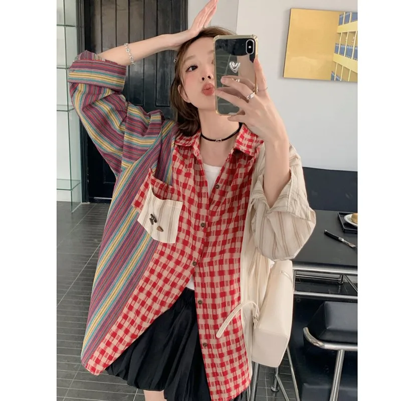 2024-New-Arrival-Summer-Loose-Fit-Casual-Turn-down-Collar-Long-Sleeve-Pockets-Patchwork-Plaid ...