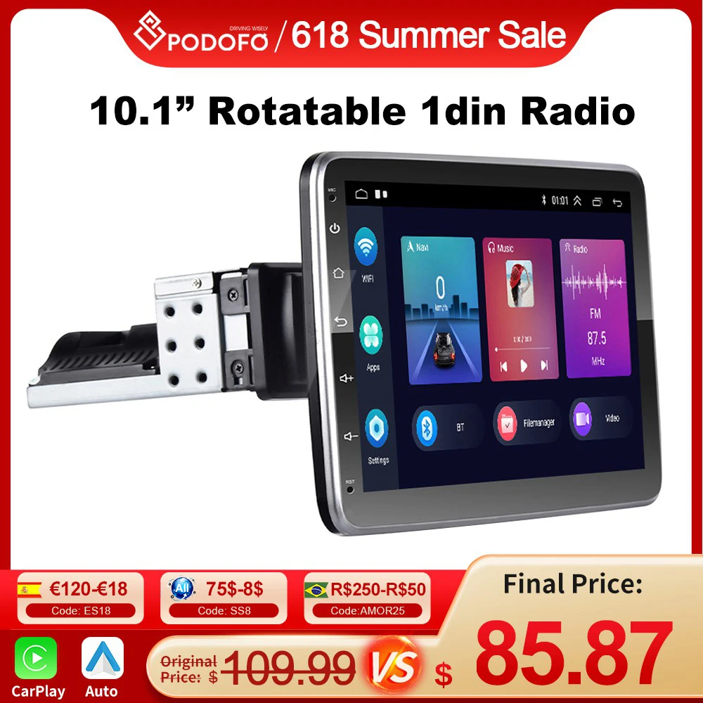 Podofo 1 din carplay rotatable android autoradio rádio do carro com 10 "tela de sistemas ...