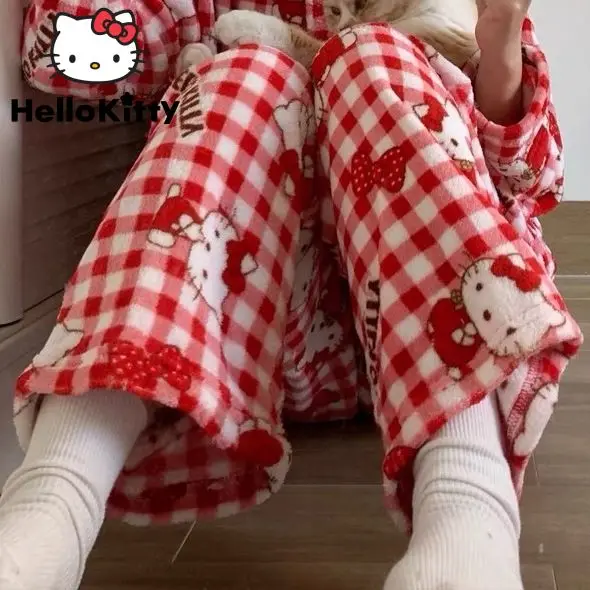 Sanrio-Hello-Kitty-Plaid-Coral-Velvet-Sleepwear-Pyjamas-Pants-Women ...