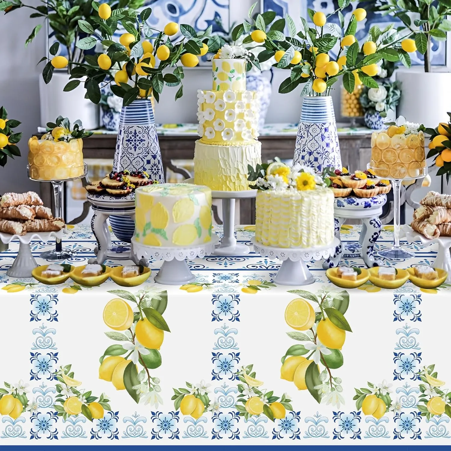 3pcs-Blue-Print-Lemon-Theme-Tablecloth-Party-Decor-Set-Mediterranean ...