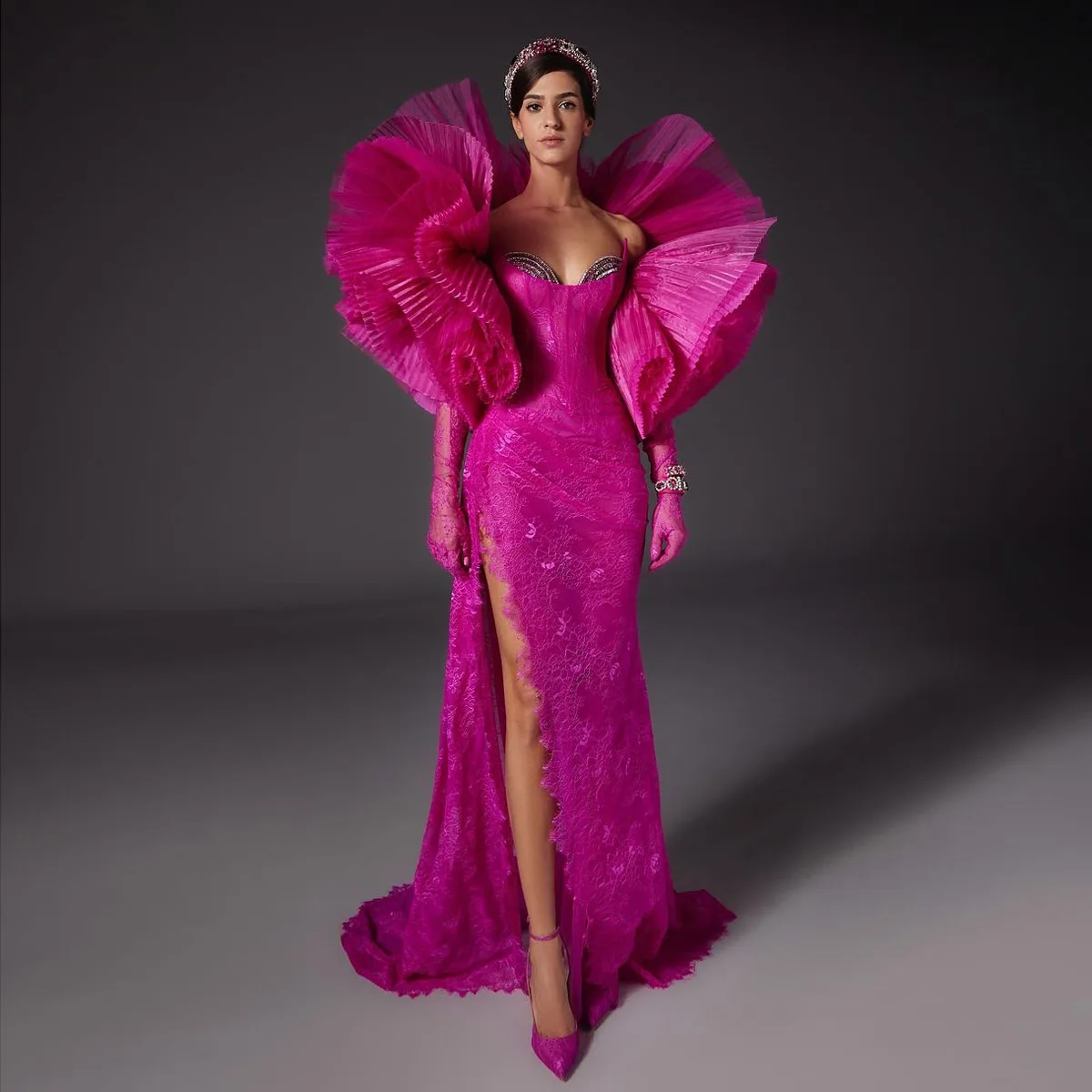 Amazing Fuchsia Lace Party Dresses with Pleated 3D Wraps Beaded Side ...