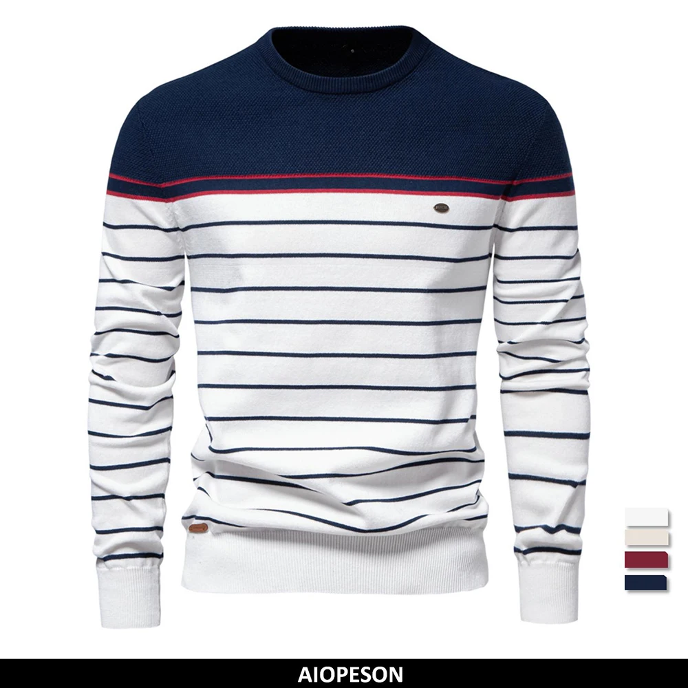 AIOPESON New O-neck Cotton Pullover Men's Sweater Striped Casual Autumn ...