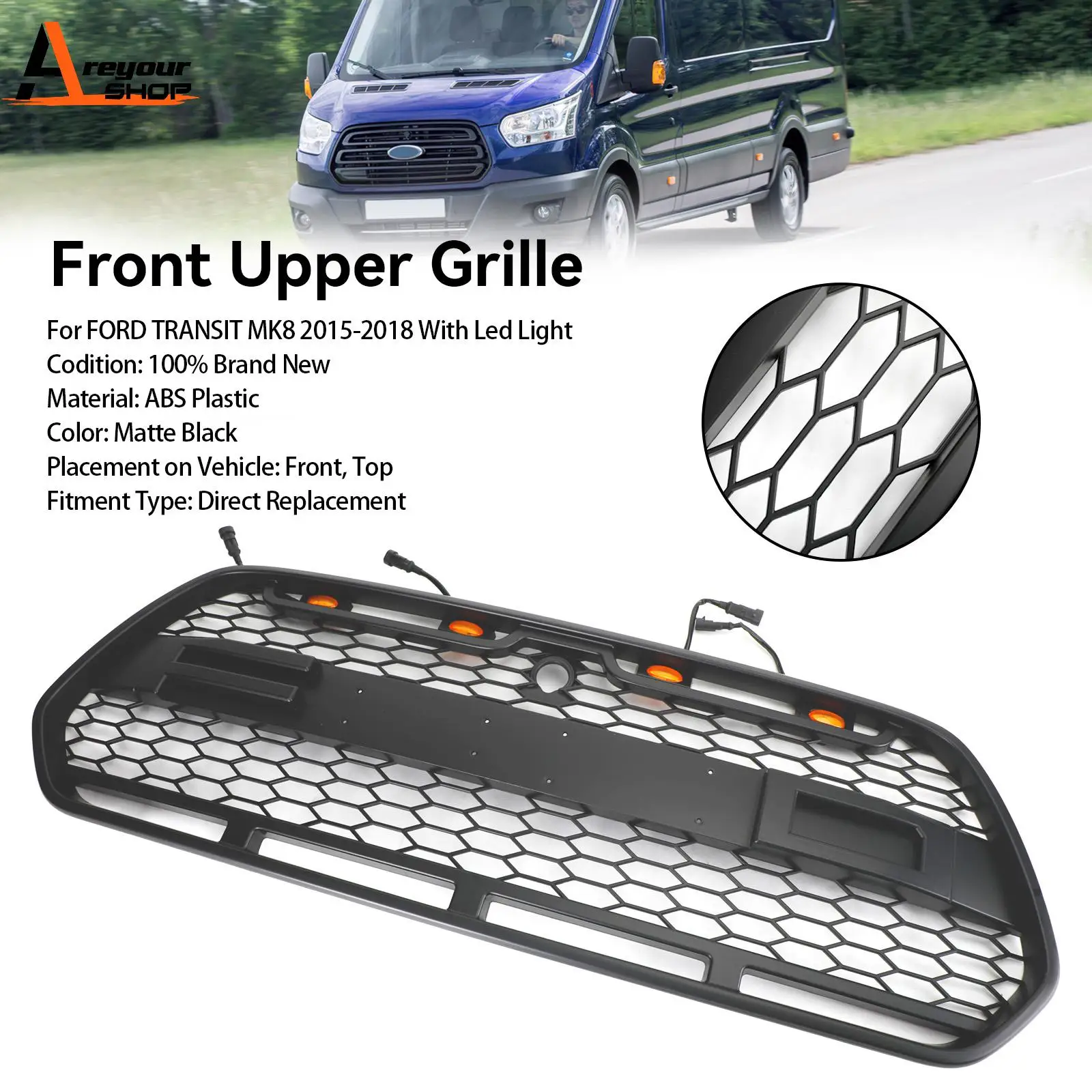 Areyourshop-Matt-Black-Front-Bumper-Grille-Grill-w-LED-Fit-Ford-Transit ...