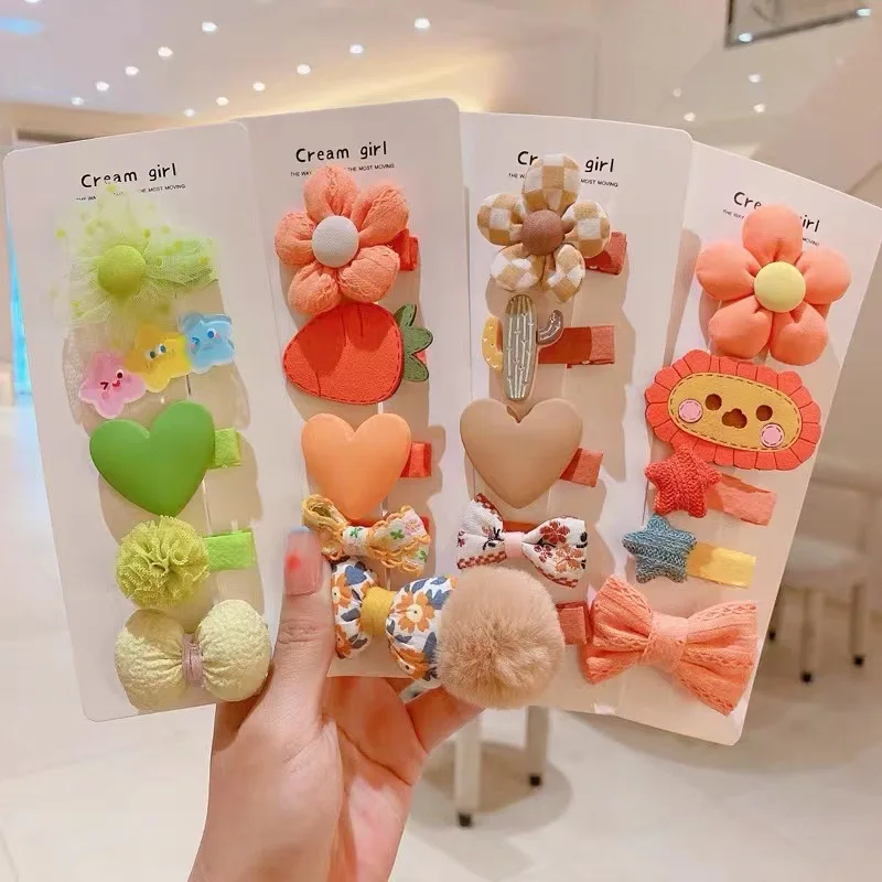어린이용 귀여운 만화 패브릭 꽃 머리핀 아기 앞머리 클립 머리를 다치게하지 마세요 머리 장식 도매 5 종 세트