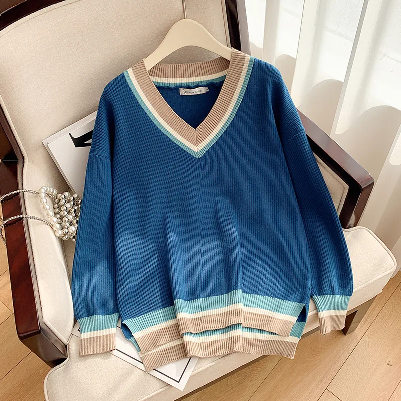 160Kg-Plus-Size-Women-s-Bust-150-Spring-Autumn-Loose-V-Neck-Contrast ...