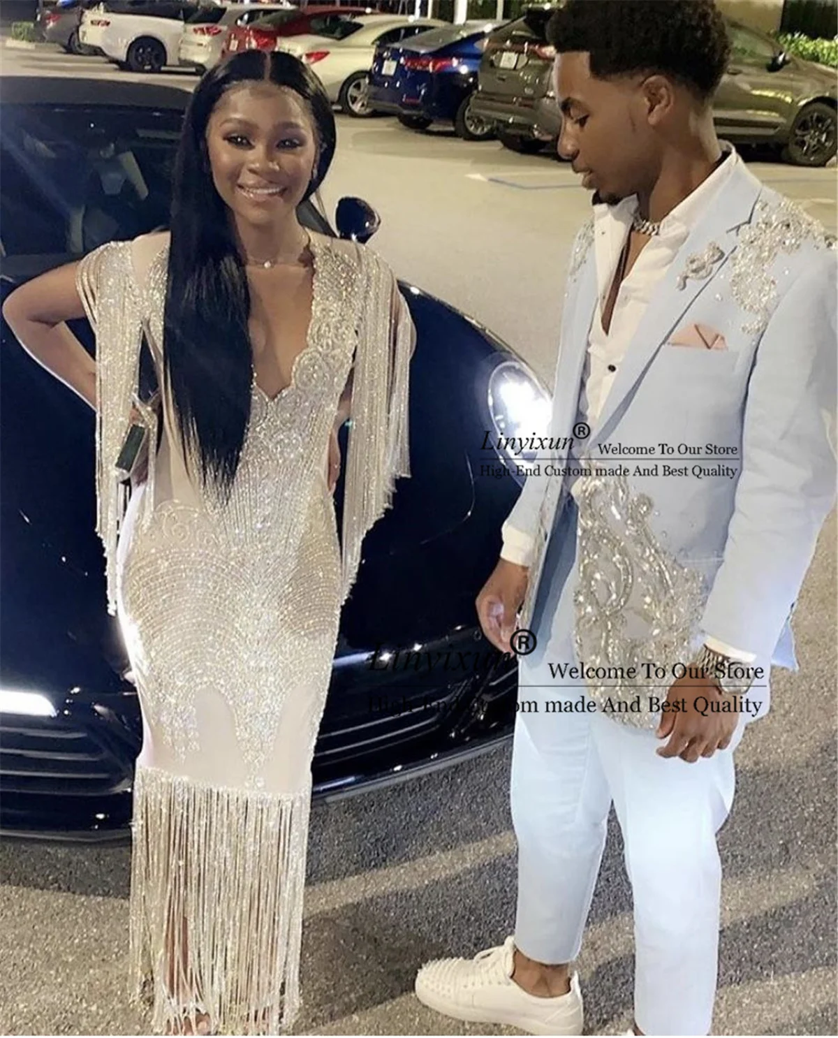 Luxury Blue Sequin Decal Men Suits For Wedding Slim Fit Groom Tuxedo ...