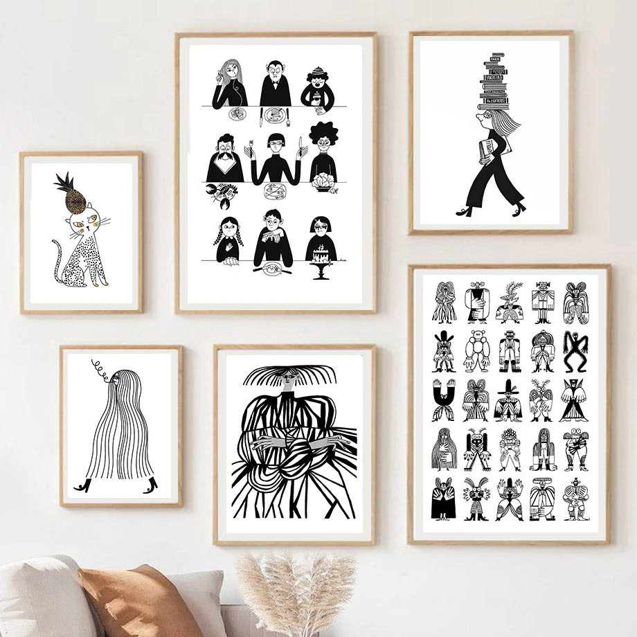 Black-And-White-Print-Modern-Minimalist-Cartoon-Style-Poster-Wall-Art ...