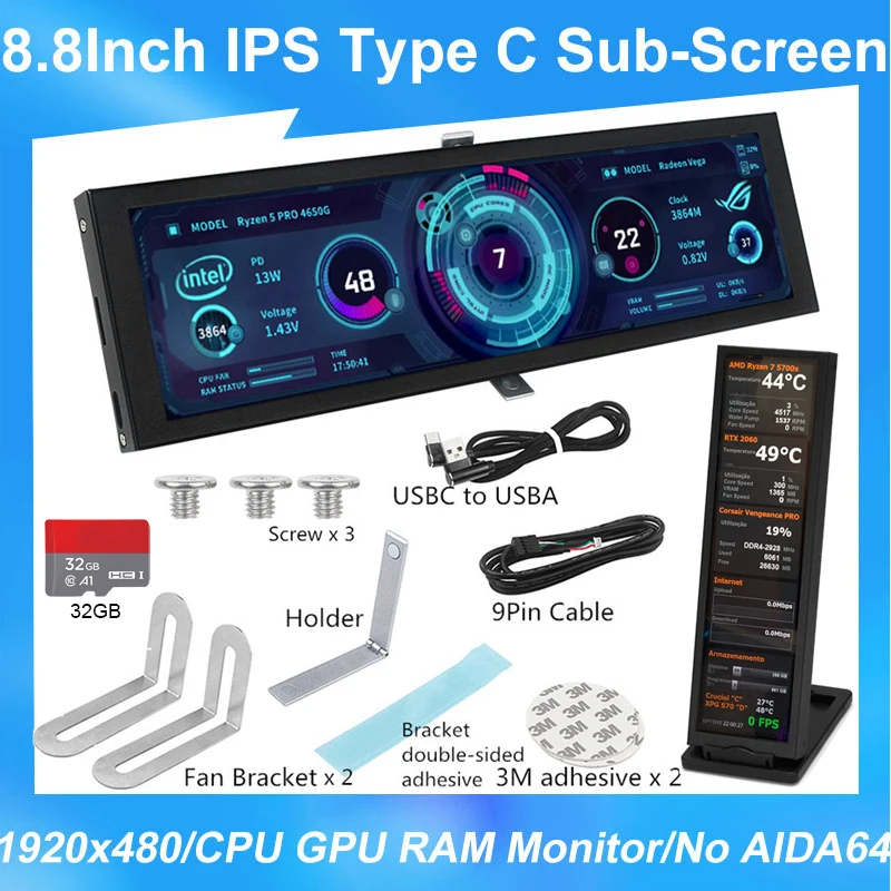 8.8 Inch IPS Secondary Screen Type C Chassis Sub-Screen 480X1920P ...