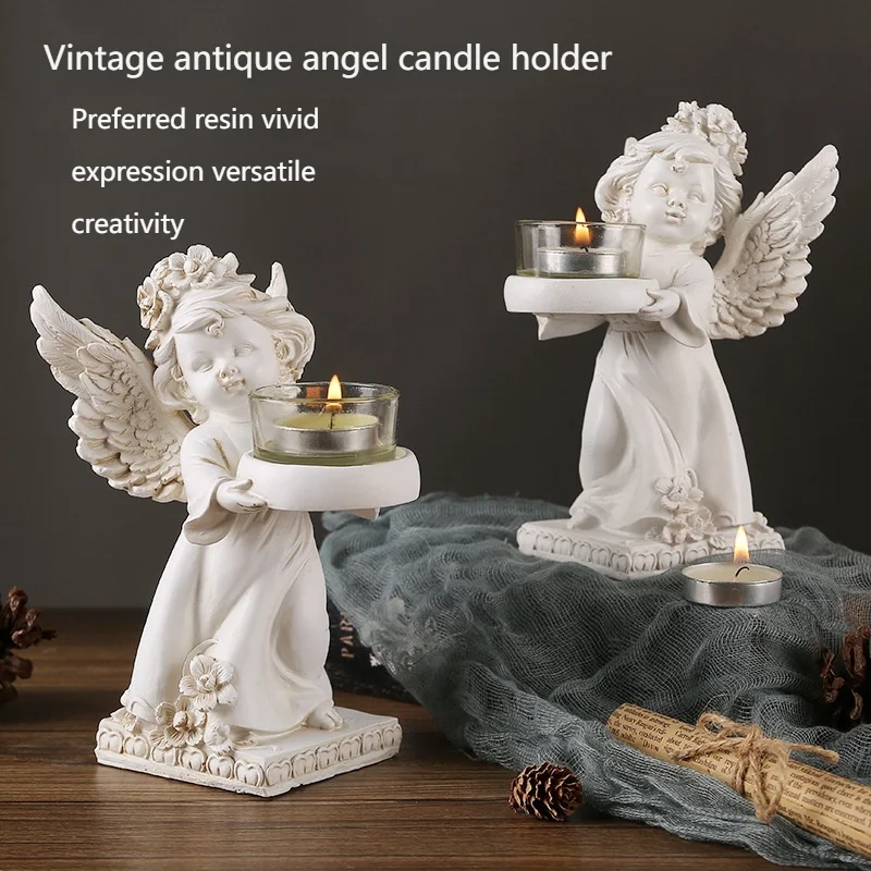 European vintage hand resin candlestick, make old wings angel unique ...