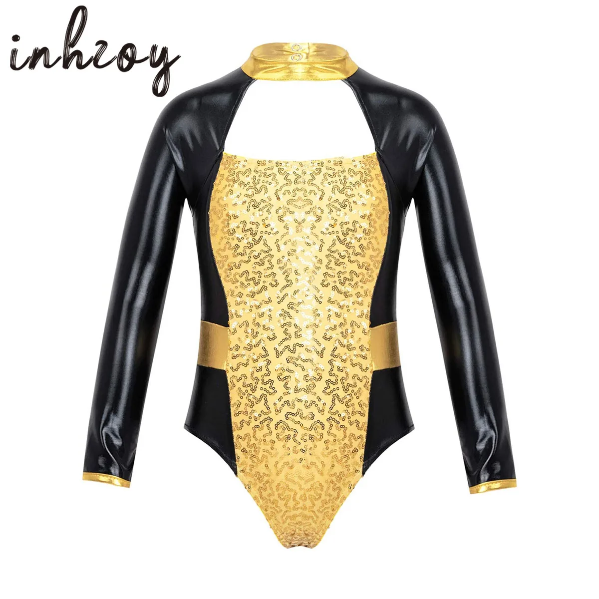 Kids Girls Long Sleeve Sequins Hollow Front Unitard Ballet Dance ...