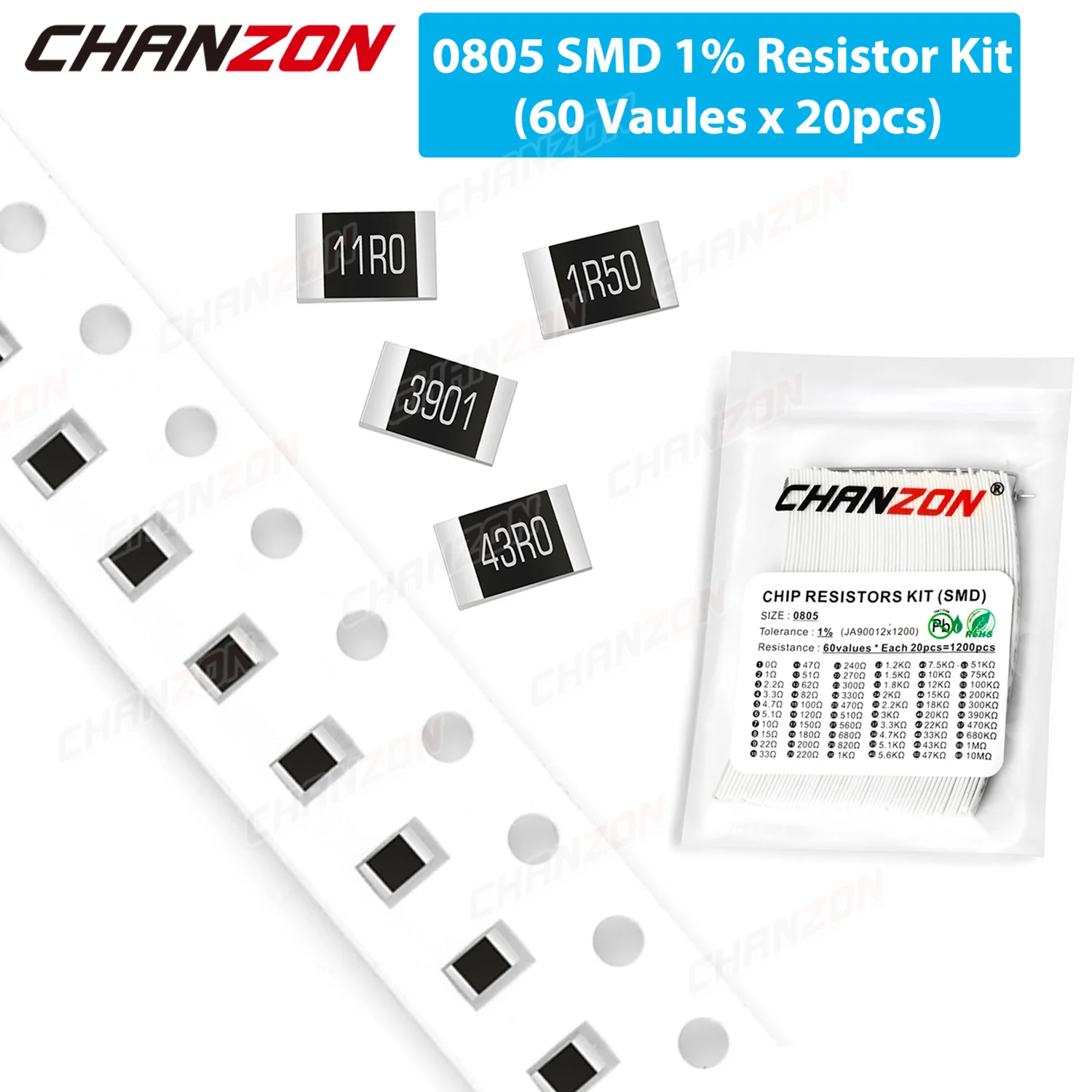 60 Values 1% SMD 0805 Resistors Kit 0 R 10M Ohms Film Chip Surface ...