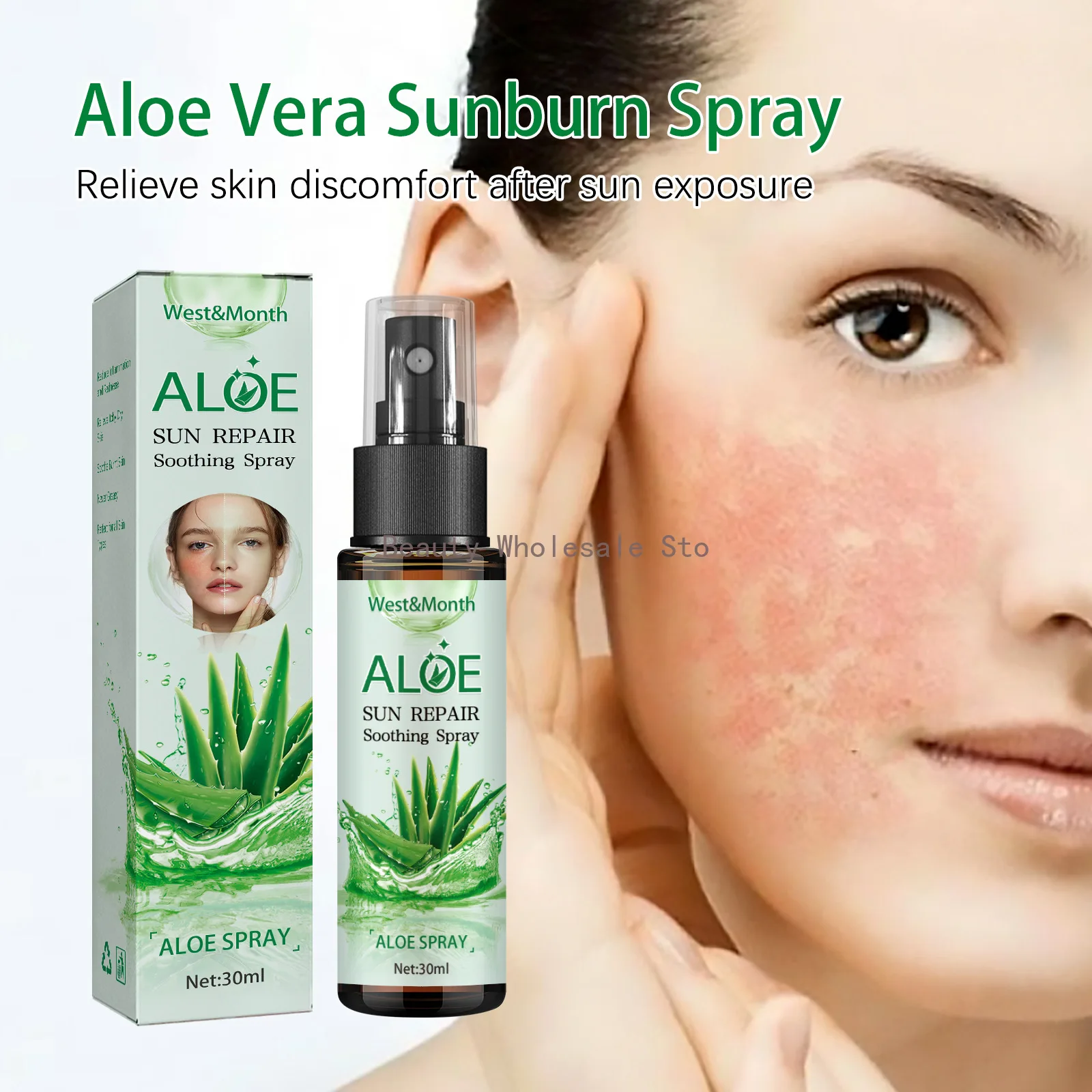 30ml 알로에 베라 썬번 수딩 리페어링 모이스처라이징 스프레이 썬번 레드 니스 여드름 마크 리페어 에센스 스프레이 페이스