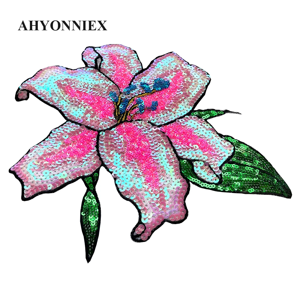 20CM X 15CM Pink Lily Flower Embroidery Patch Sequin Sticker Patches ...