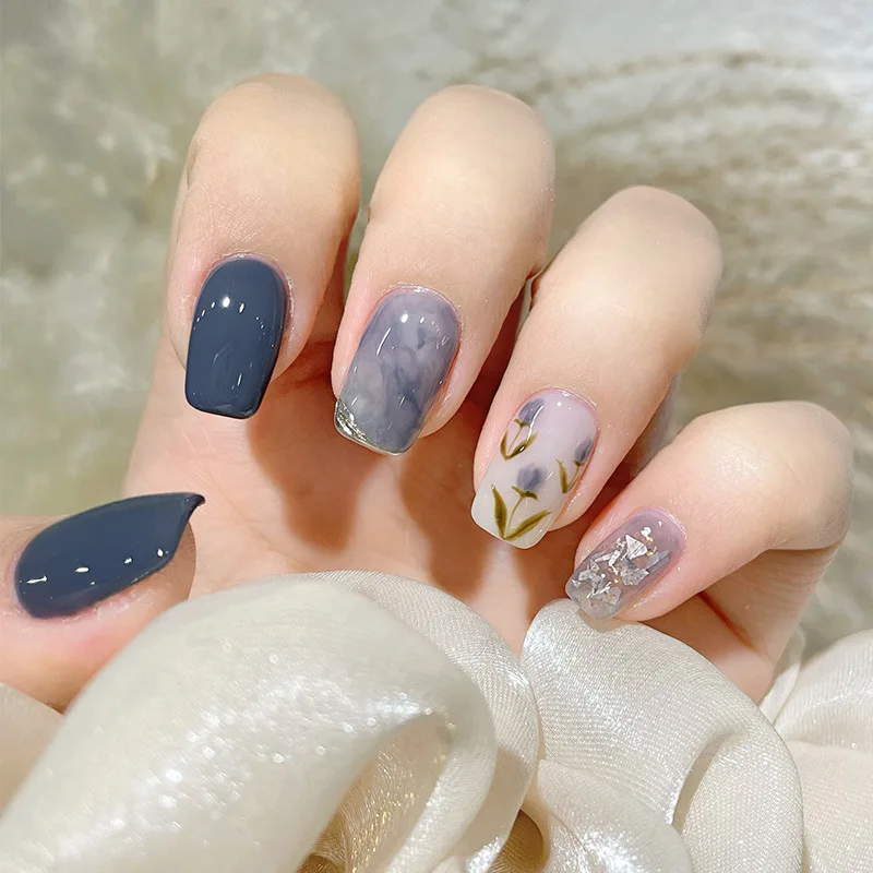 Blue-romantic-nail-stickers-tulip-nail-stickers-halo-dyed-fake-nail ...
