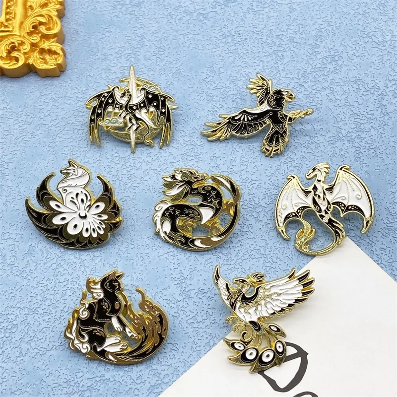 Cartoon Black White Dinosaur Monster Eagle Phoenix Design Metal Enamel Brooch Exquisite Fashion ...